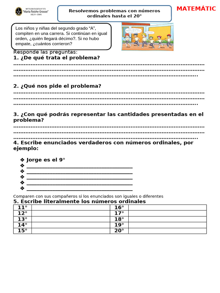 Ejercicios de Números Ordinales hasta 20 | PDF