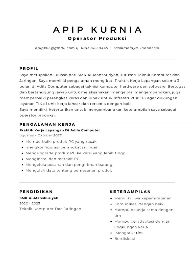 CV Operator Produksi | PDF