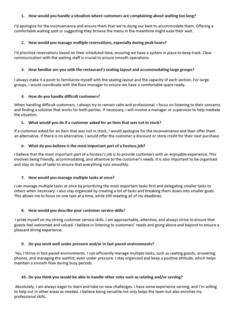 Hostess Questions | PDF | Restaurants | Menu
