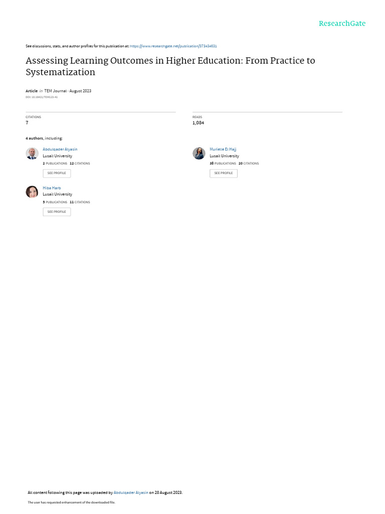 Assessing Learning Outcomes in Higher Ed | PDF | Curriculum | Learning