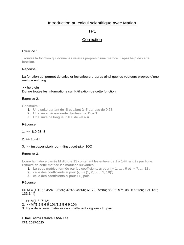 Calcul Scientifique avec Matlab: Exercices | PDF | Matrice ...