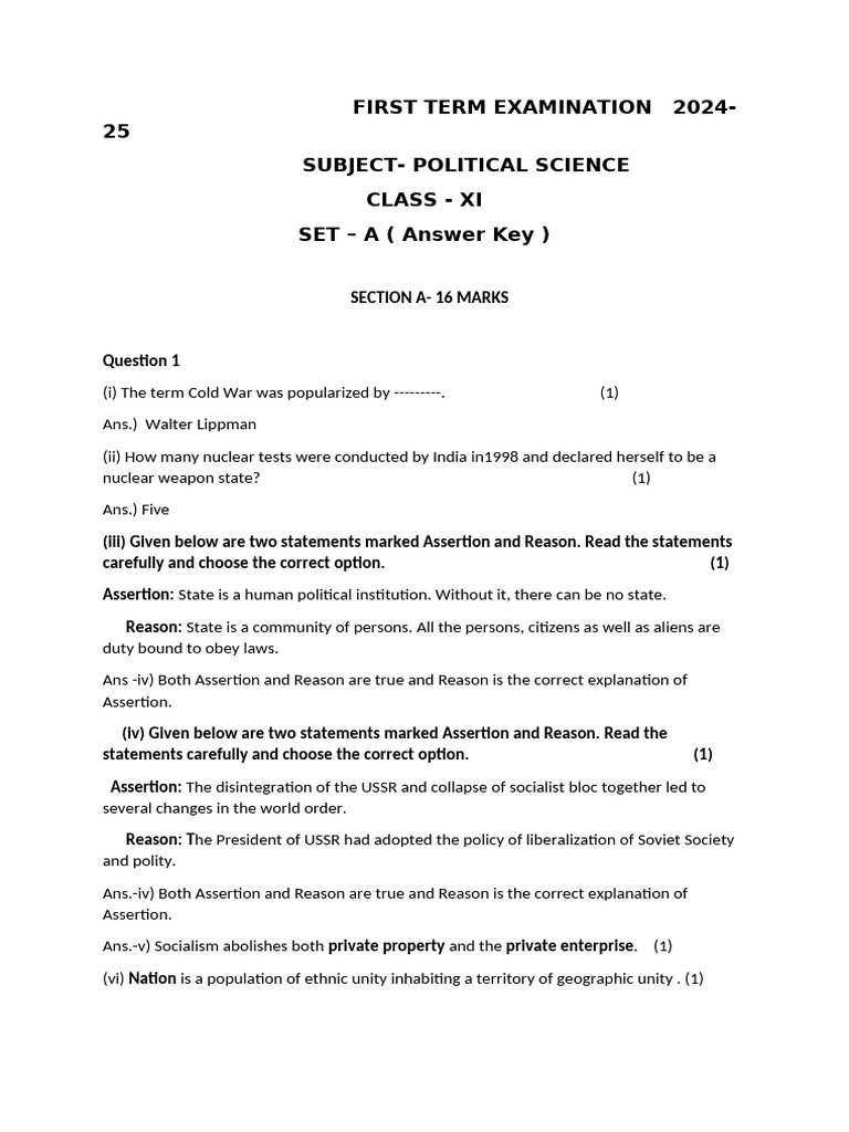Answer Key (Set A) First Term Examination 2024.-2025 | PDF | Soviet Union | World Politics