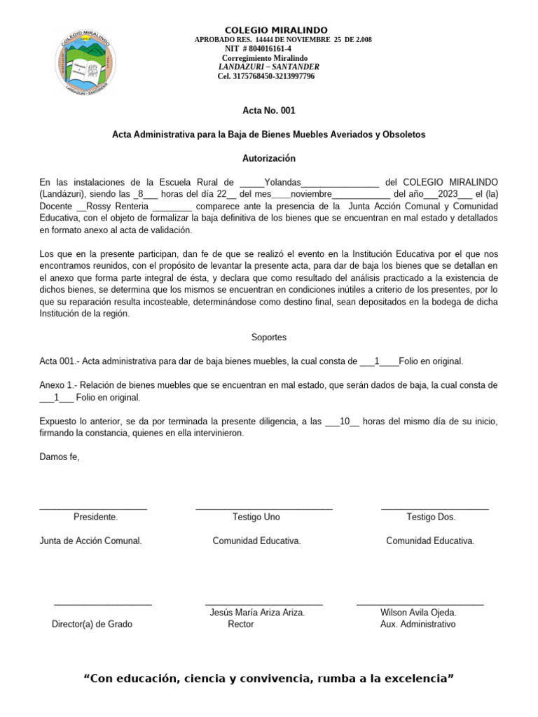 Acta de Baja Bienes Del Colegio 2023 | PDF