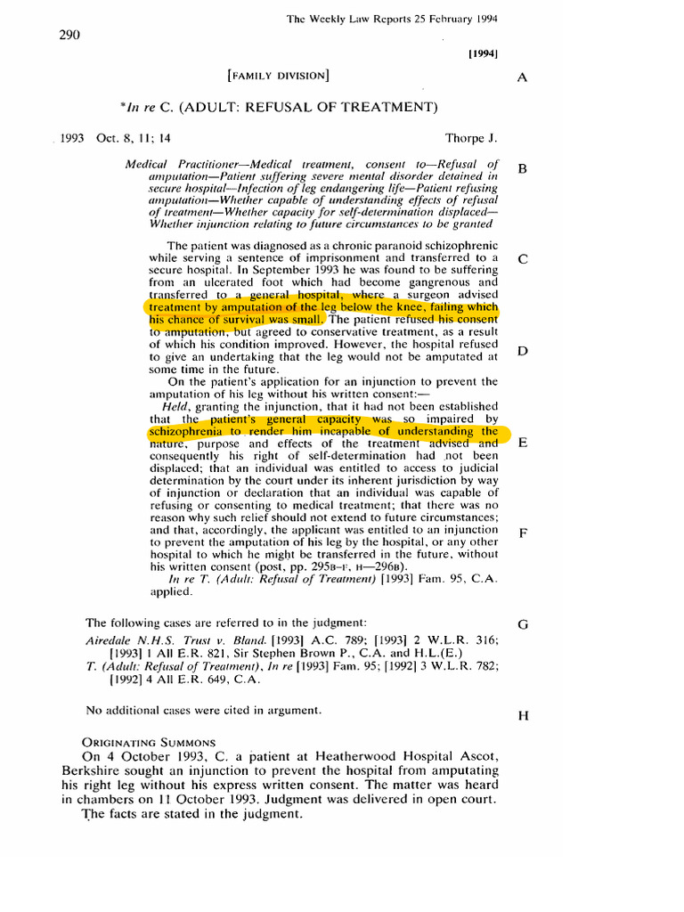 In Re C. (ADULT REFUSAL OF TREATMENT) (1994) 1 WLR 290 | PDF