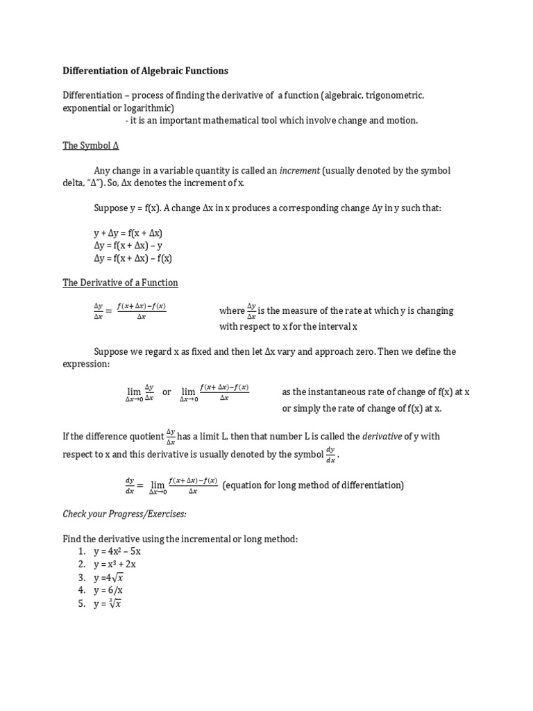 Differentiation of Algebraic Functions | PDF | Derivative | Function (Mathematics)