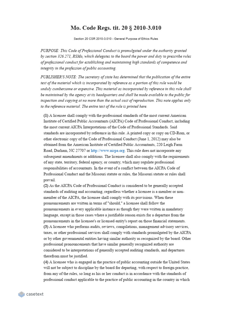 Section 20 CSR 2010-3.010 - General Purpose of Ethics Rules | PDF ...