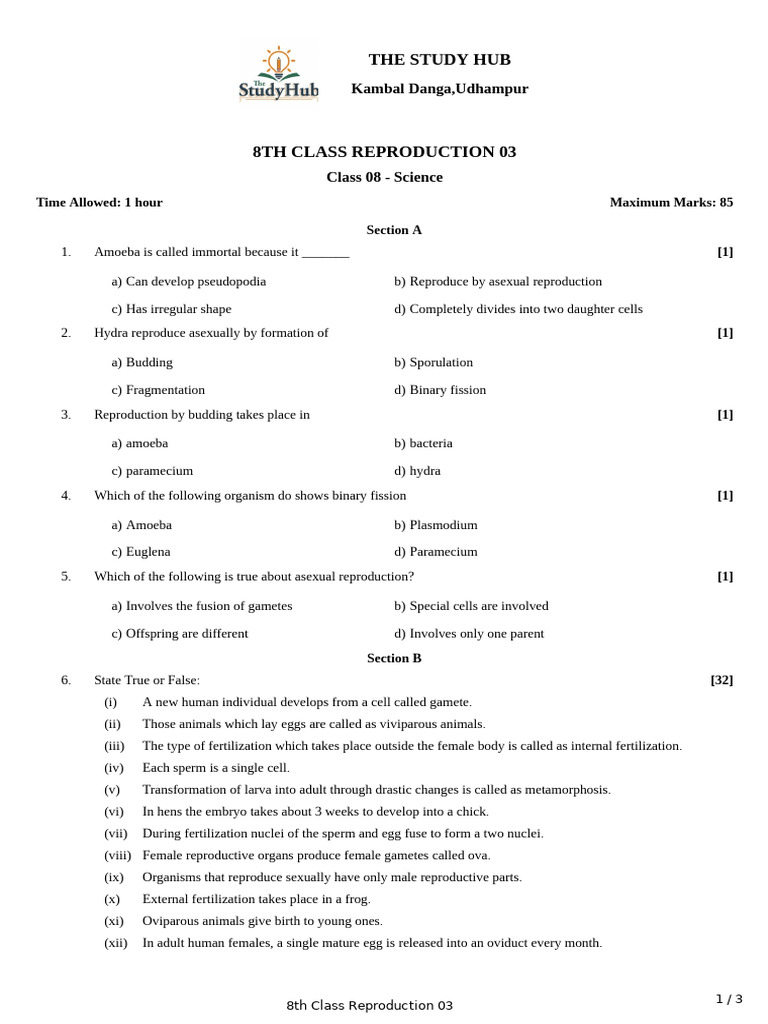 8th Class Reproduction 03 | PDF | Fertilisation | Sexual Reproduction