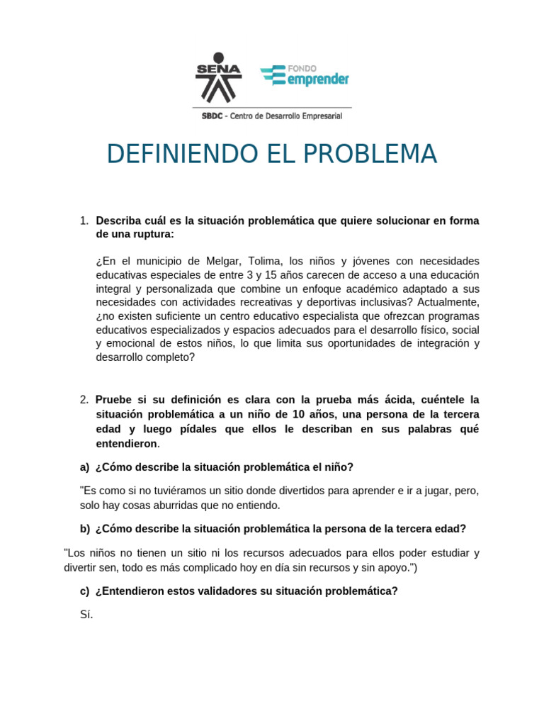 Definiendo El Problema Emprendimiento Lina. | PDF