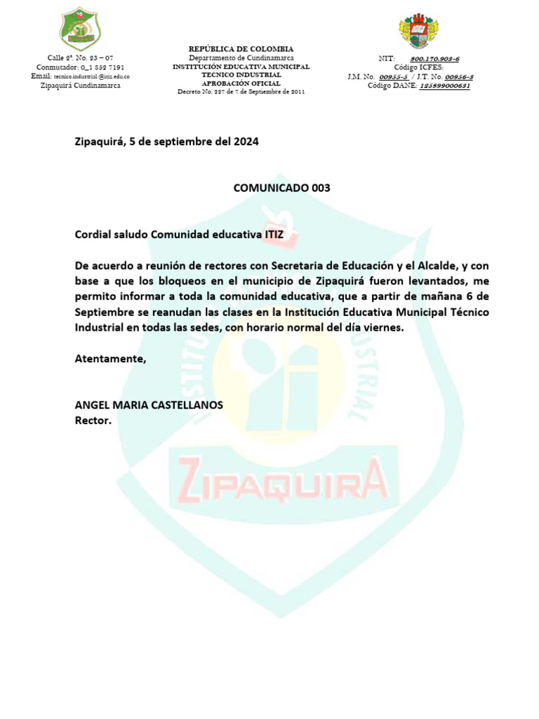 Comunicado 003 Reanudan Clases | PDF