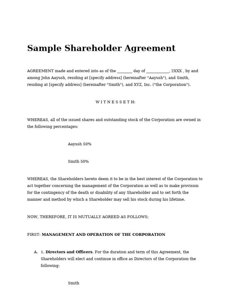 Sample Shareholder Agreement | PDF | Stocks | Corporations