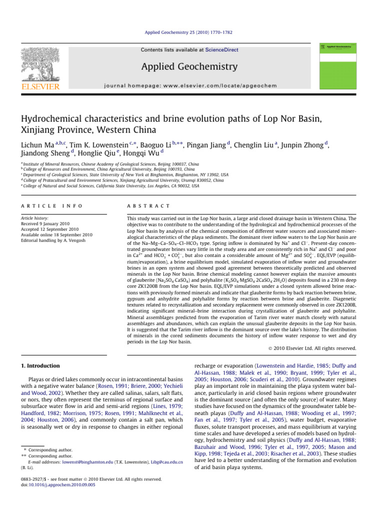 Hydrochemical Characteristics and Brine Evolution Paths of Lop Nor ...