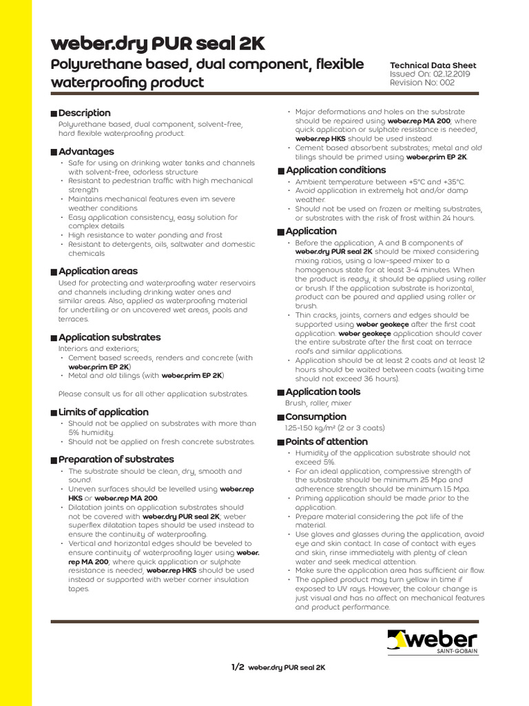 Weber - Dry PUR Seal 2K - Technical Data Sheet | PDF | Polyurethane | Concrete
