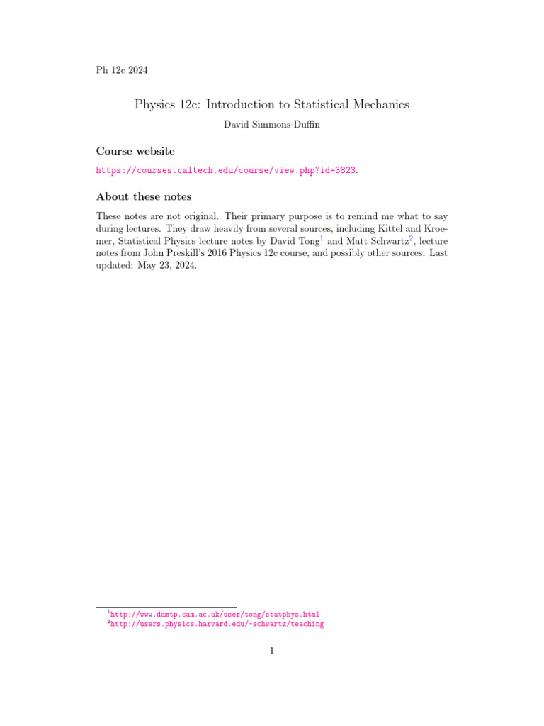 Physics 12c: Introduction To Statistical Mechanics: Course Website ...