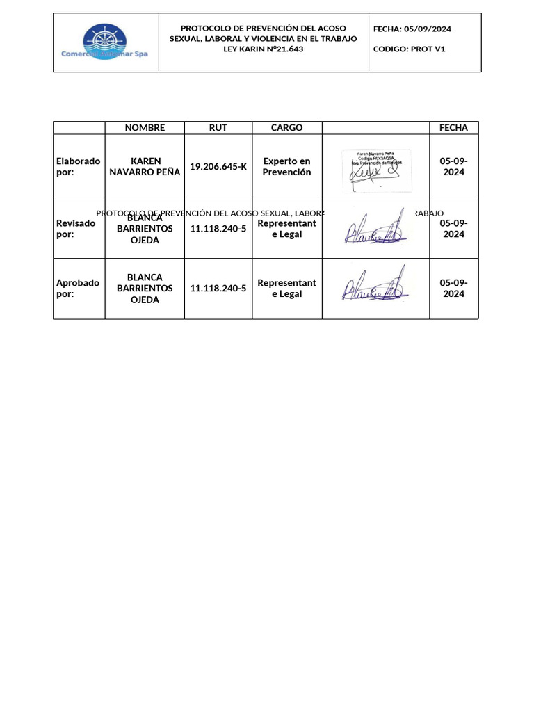 Protocolo Ley Karin Antomar SPA. | PDF | Acoso sexual | Sexismo