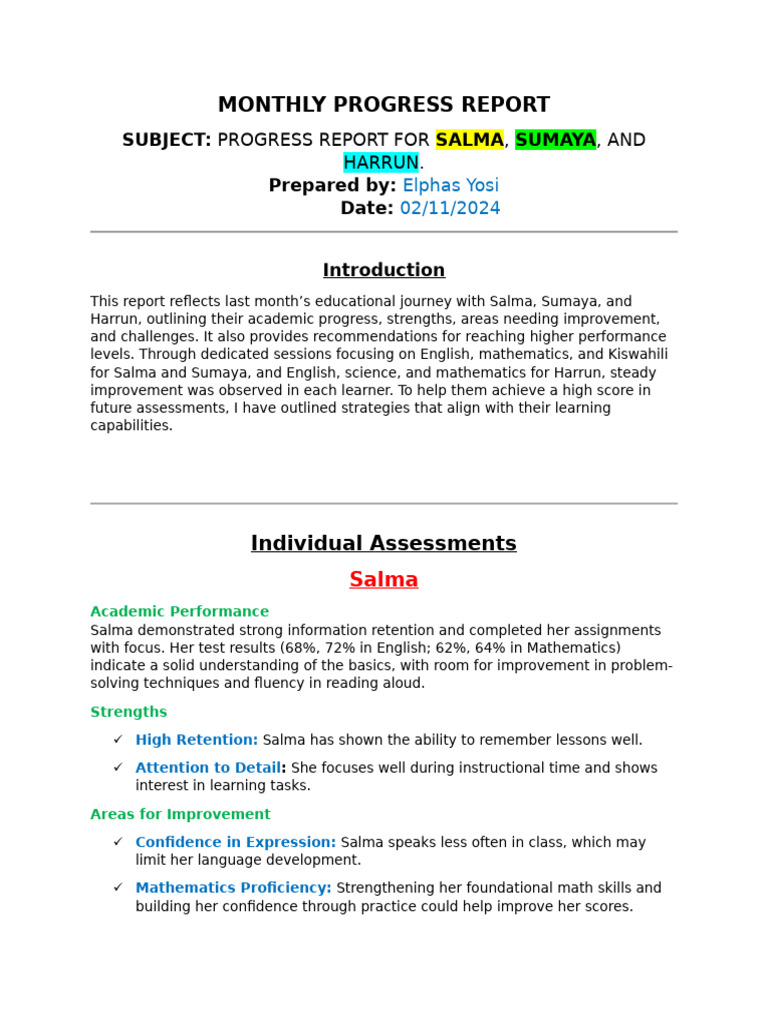 October Progress Report | PDF | Learning | Reading Comprehension