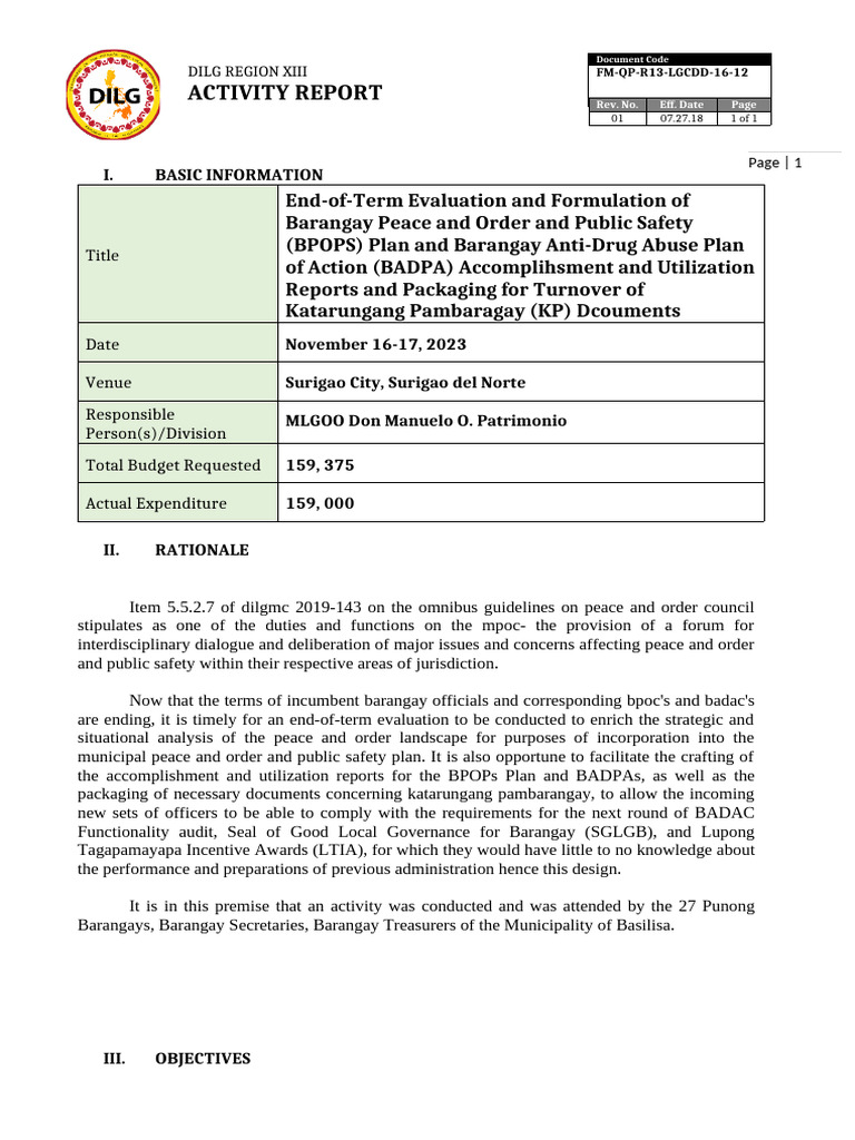BPOPS and BADAC Post Activity Report | PDF