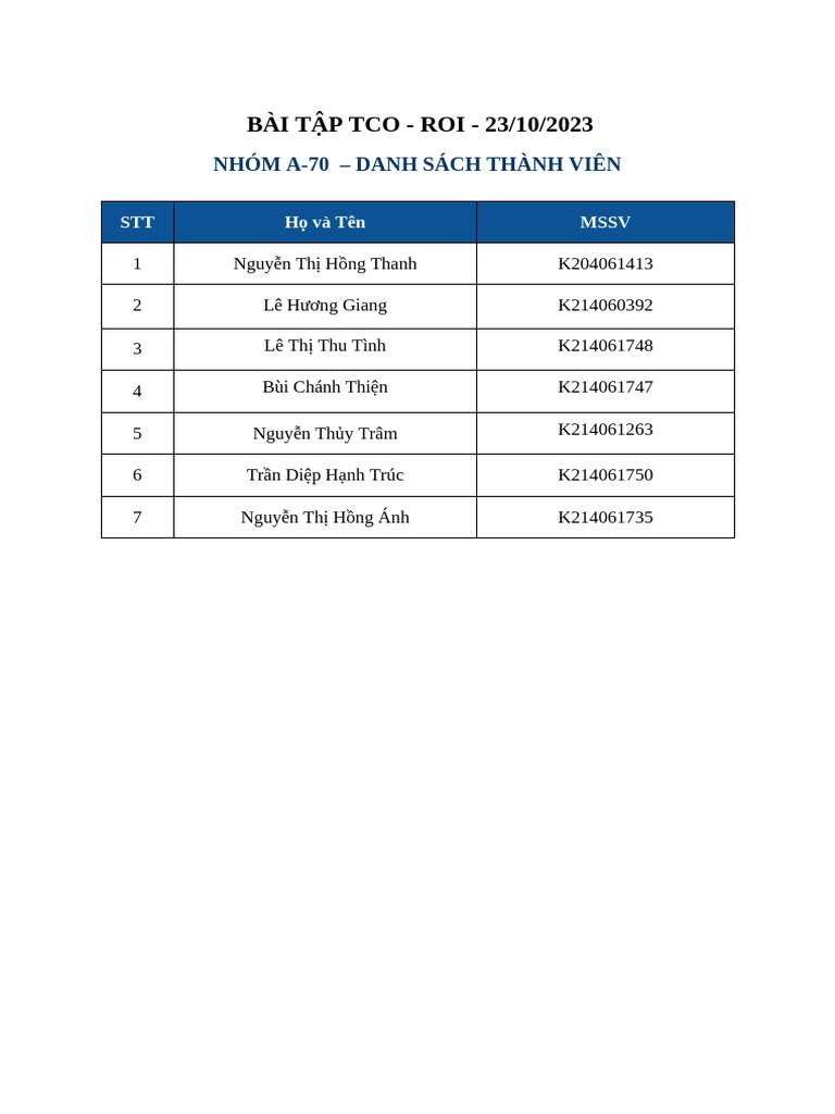 √ NHÓM A-70 - BÀI TẬP TCO - ROI 23 - 10 - 2023 | PDF