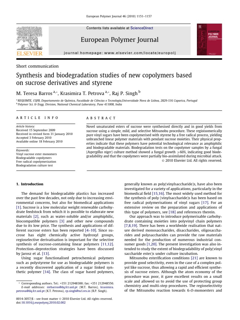 European Polymer Journal: M. Teresa Barros, Krasimira T. Petrova, Raj P ...