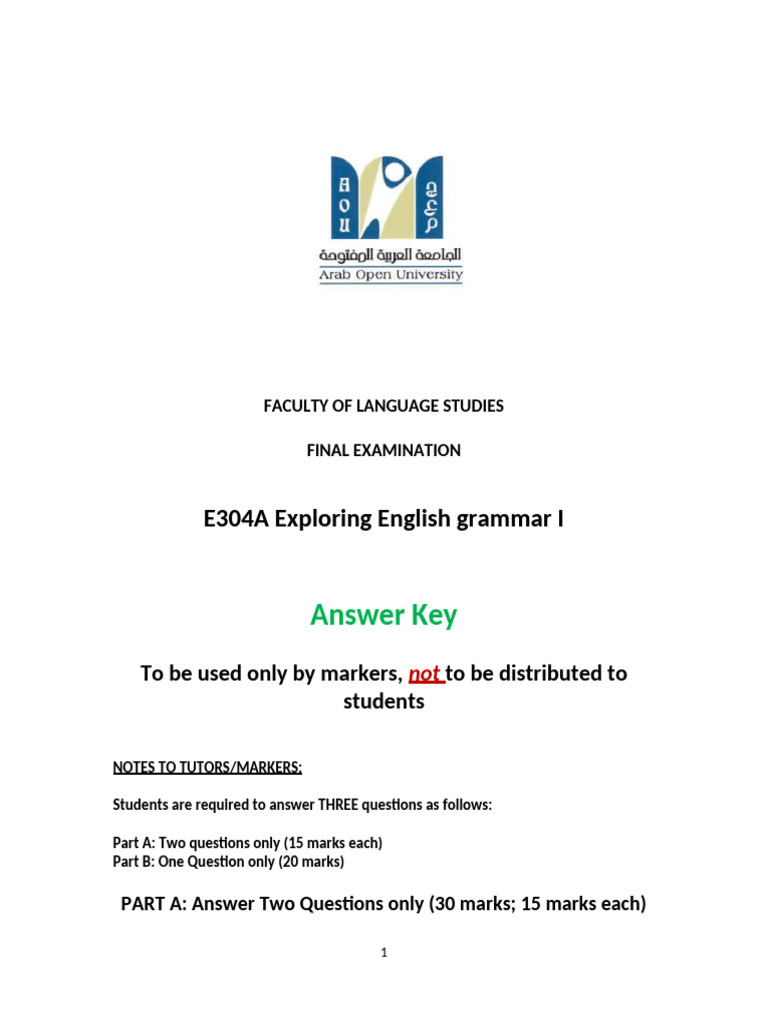 Answer Key: E304A Exploring English Grammar I | PDF | Linguistics ...