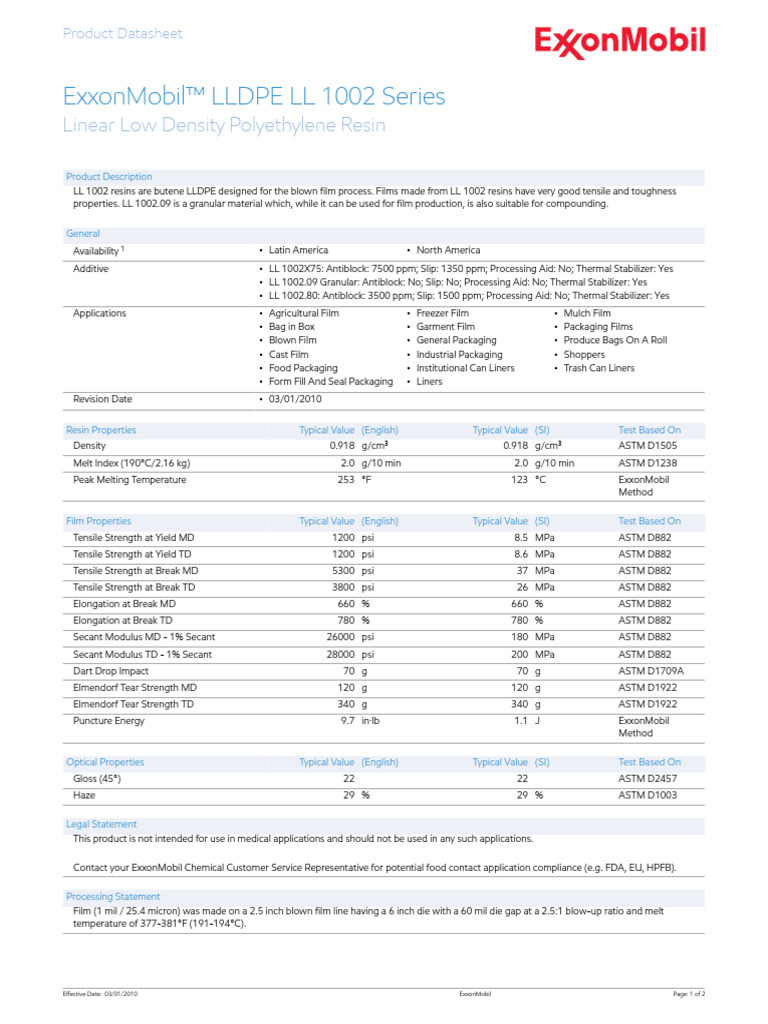 LLDPE LL 1002 Series en | PDF | Pascal (Unit) | Ultimate Tensile Strength