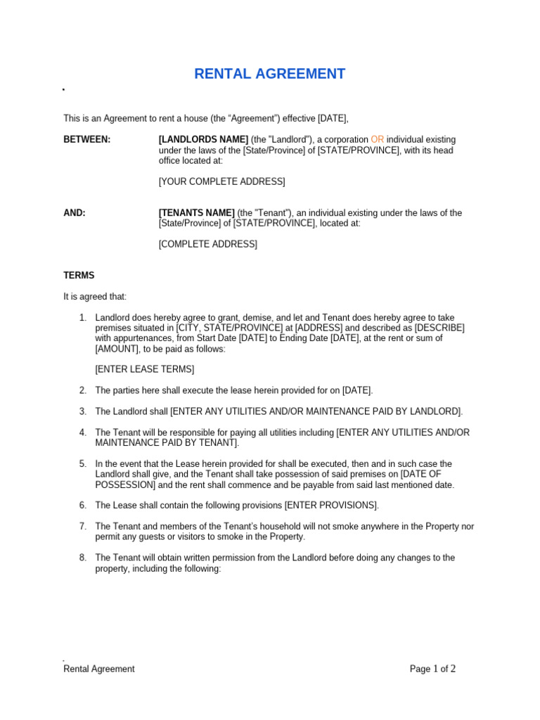 Contracts Agreements - Rental - Standard Rental Templates - Rental ...