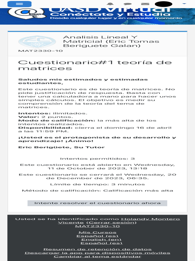 MAT2330-10 Cuestionario#1 Teoría de Matrices | PDF | Informática