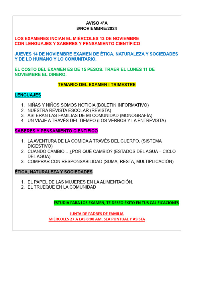 Temario Del Examen I Trimestre 4°a 2024 | PDF