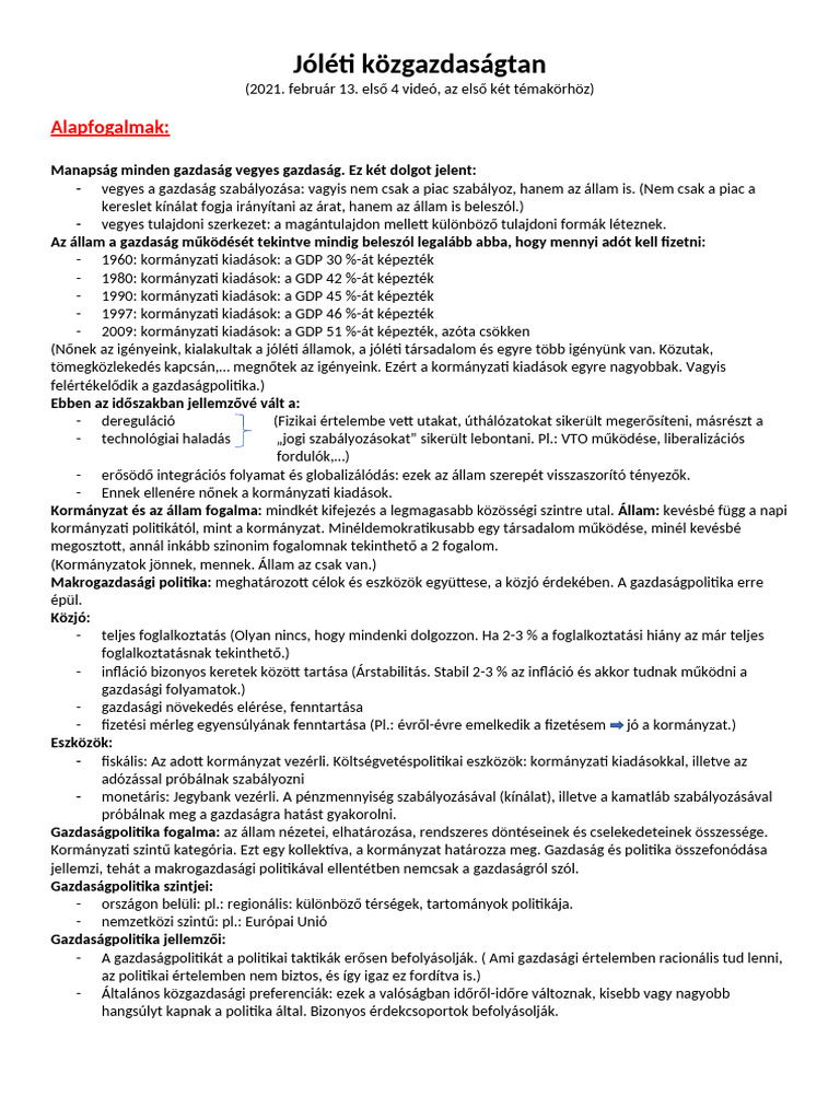 Jóléti Közgazdaságtan Jegyzet | PDF