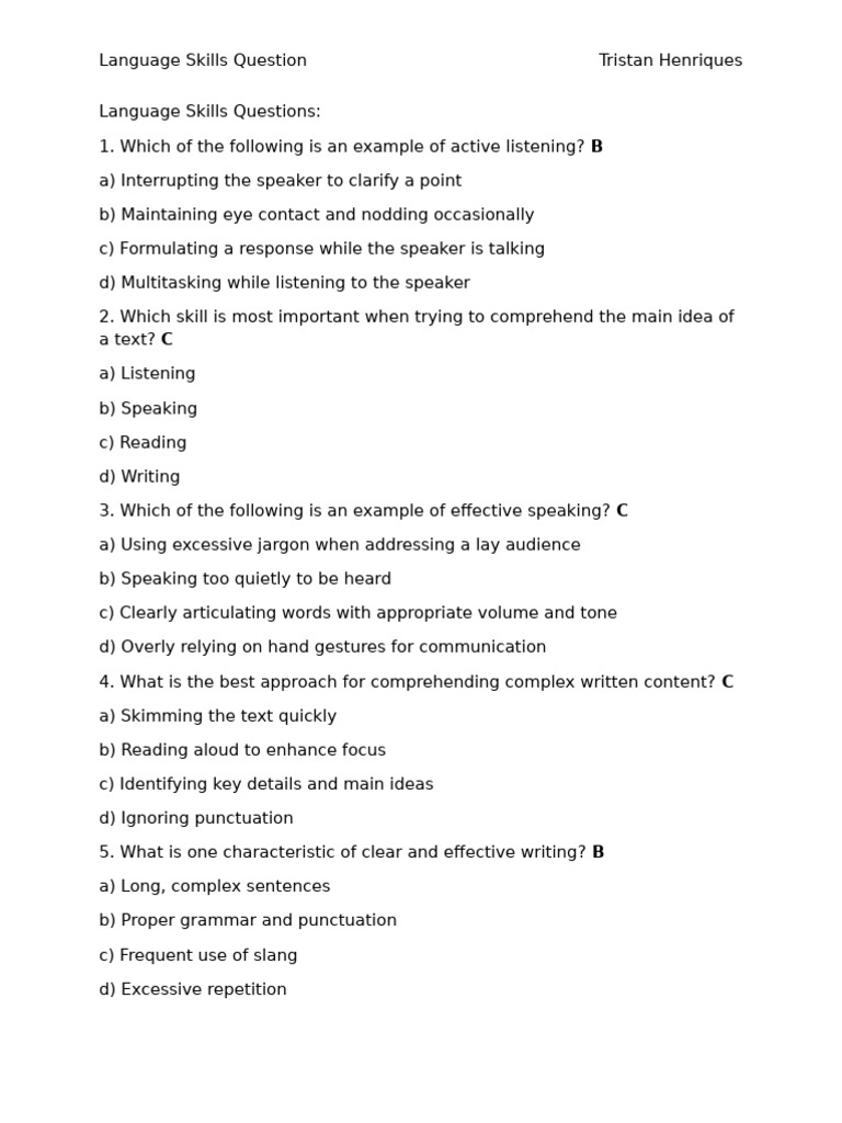 Language Skills Questions | PDF | Communication | Nonverbal Communication