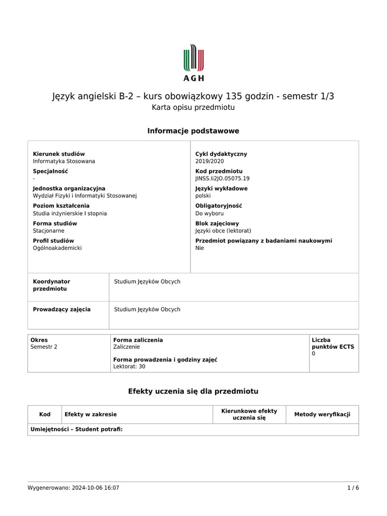 Jezyk Angielski B 2 Kurs Obowiazkowy 135 Godzin Semestr 1 3 Jinss Ii2jo ...