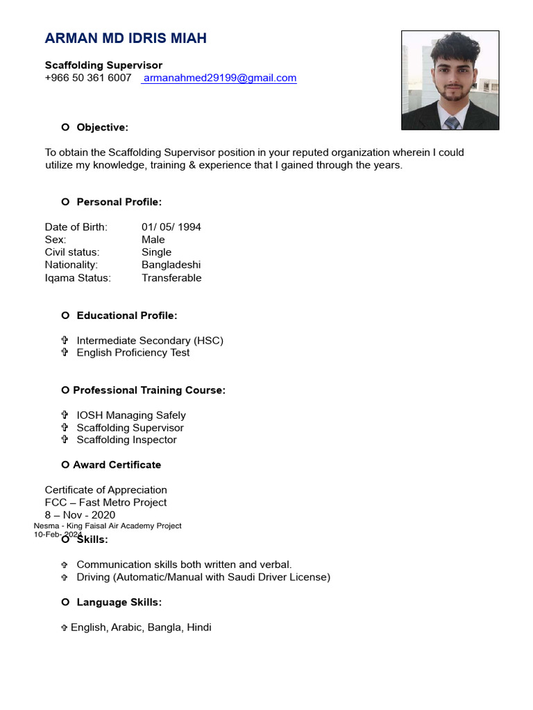 Arman Miah CV 1 Merged | PDF | Scaffolding