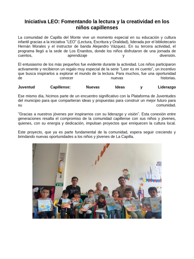Iniciativa LEO Fomentando La Lectura y La Creatividad en Los Niños Capillenses | PDF | Ciencias ...