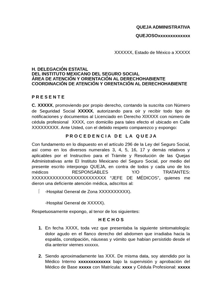 Queja Administrativa Imss | PDF | Medicina CLINICA