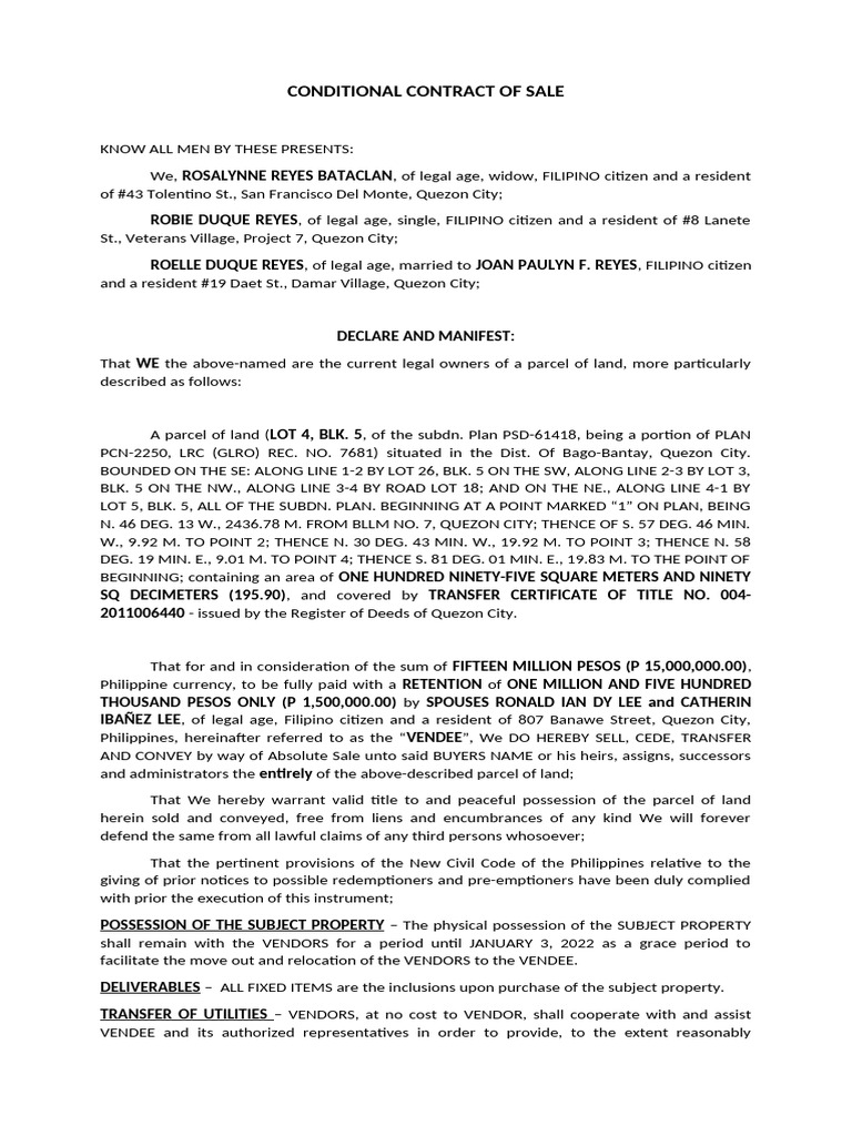 Conditional Contract of Sell - Roelle Duque Reyes - 1636384075 | PDF ...
