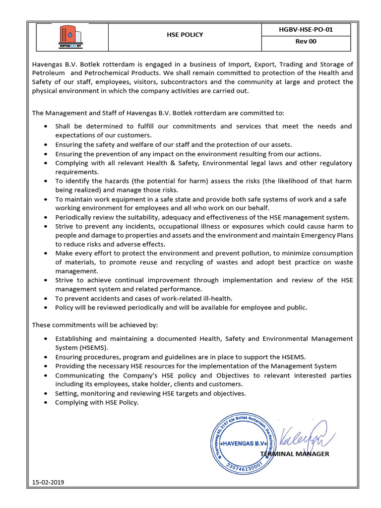 1.1 HSE Policy Stamped and Signed | PDF | Occupational Safety And ...