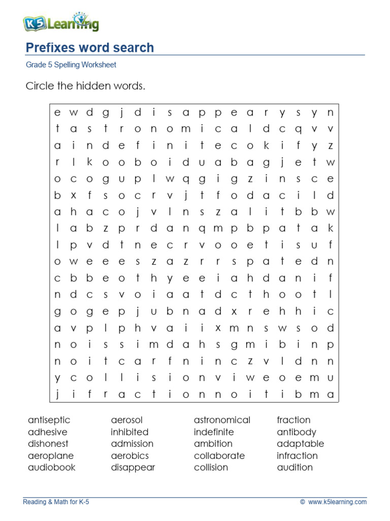Grade 5 Prefixes Word Search | PDF | Language Arts & Discipline