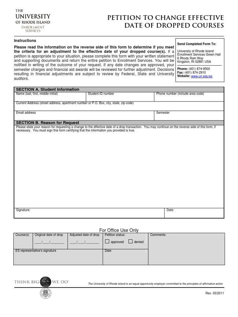 URI Petition To Change Effective Date of Dropped Classes | PDF ...