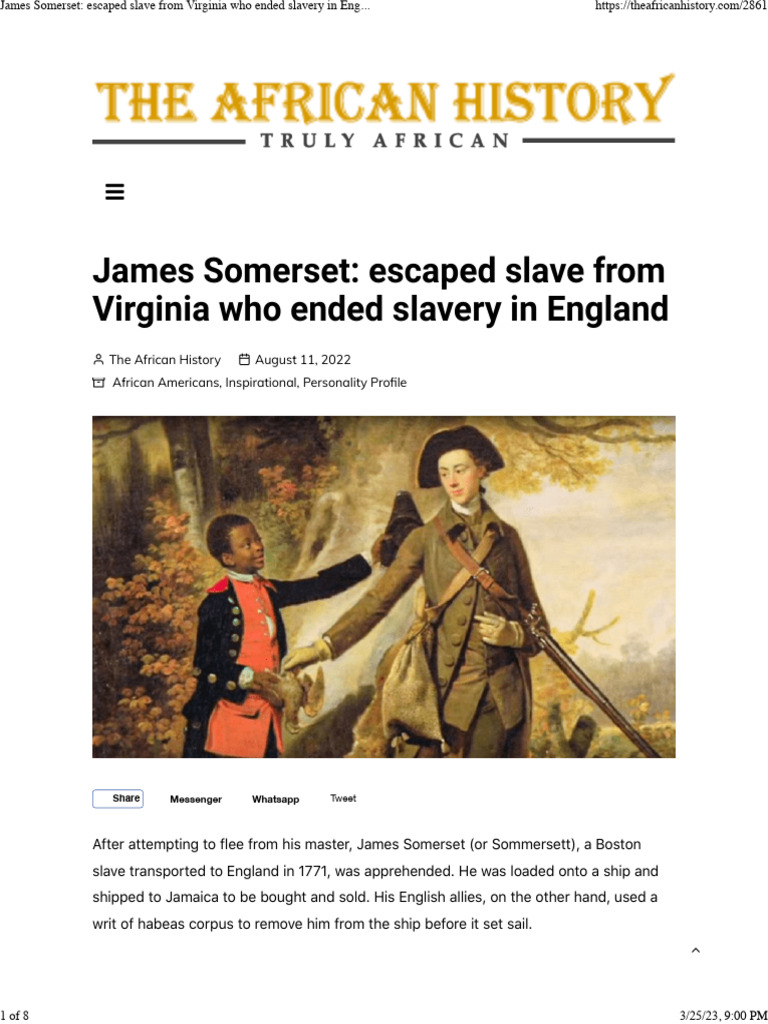 James Somerset Escaped Slave From Virginia Who Ended Slavery in England ...