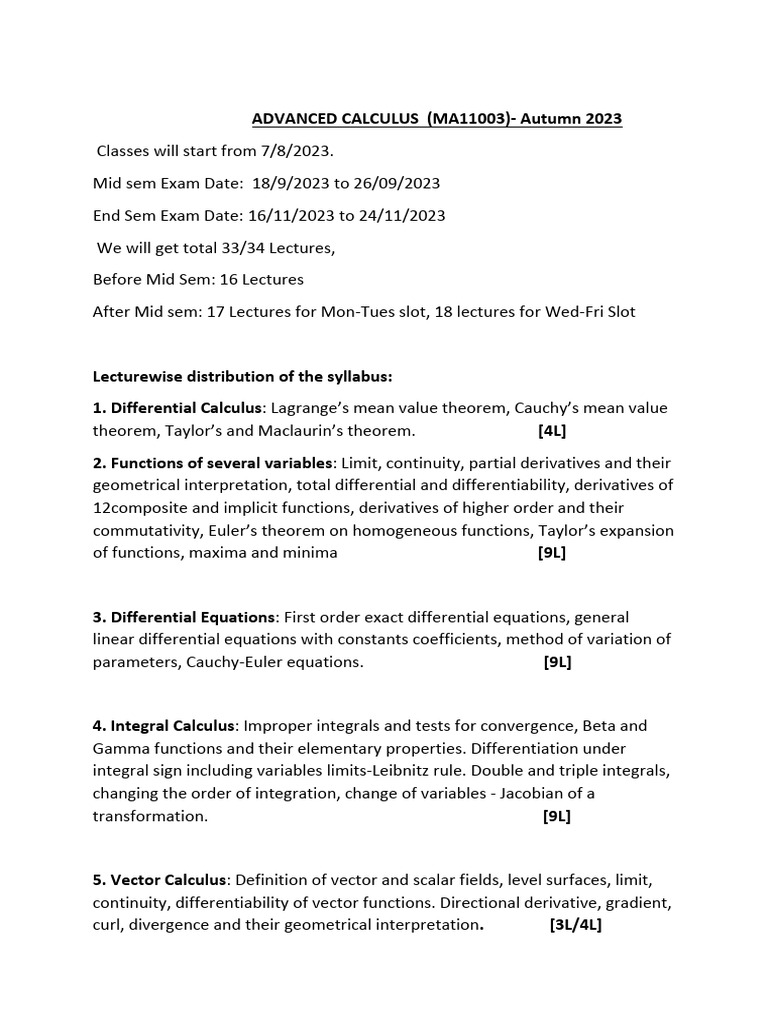 Advanced Calculus-2023-Syllabus | PDF