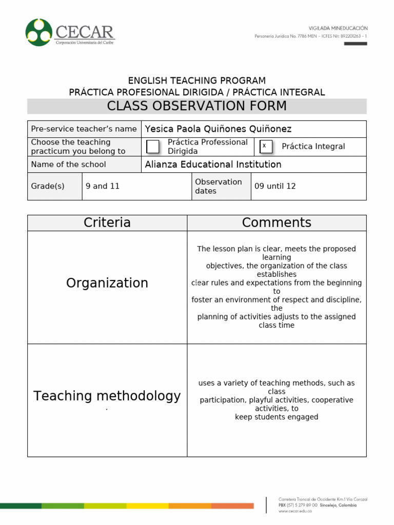 Pre-Service Teacher Observation | PDF | Teaching Method | Lesson Plan