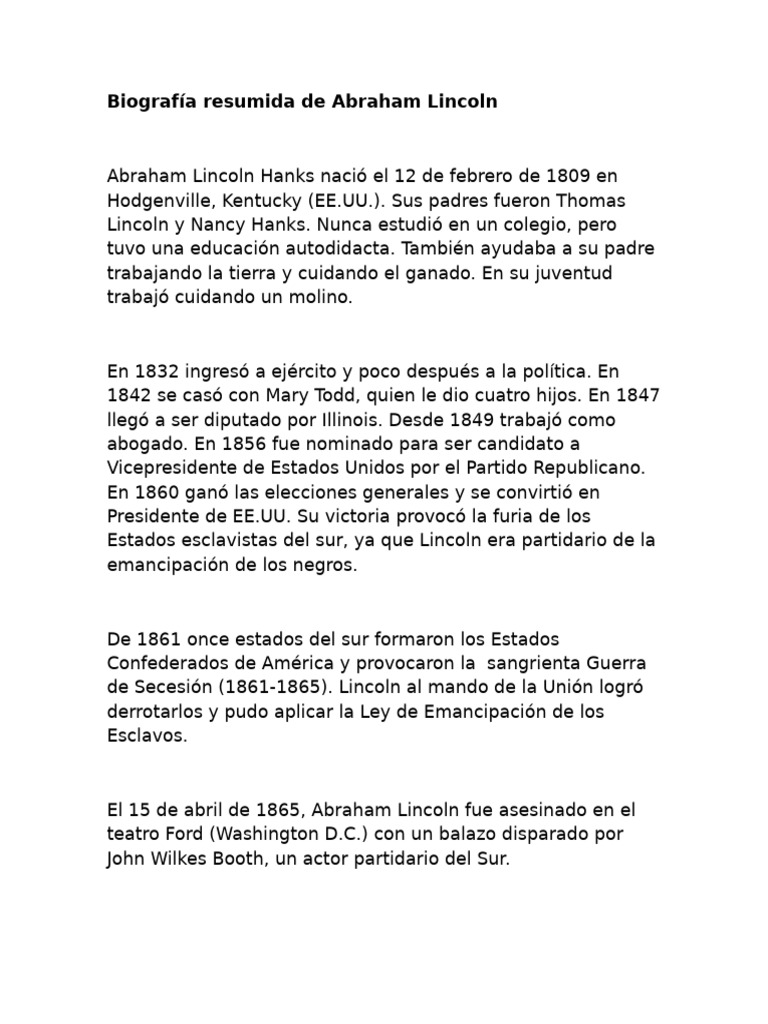 Biografia Resumida de Abraham Lincoln | PDF | Ciencias sociales | Historia