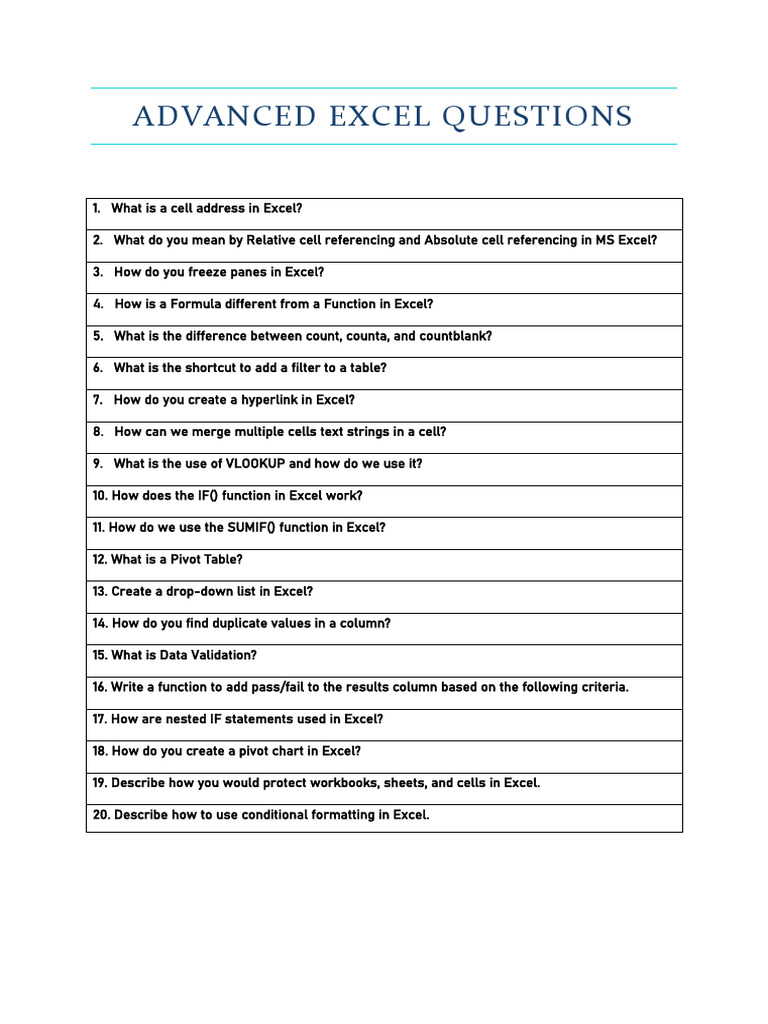 Advanced Excel Questions | PDF