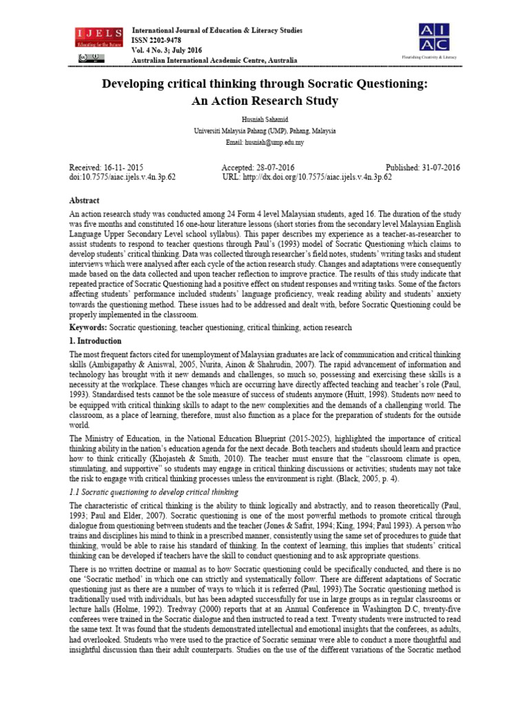 Developing Critical Thinking Through Socratic Questioning | PDF | Critical Thinking | Thought