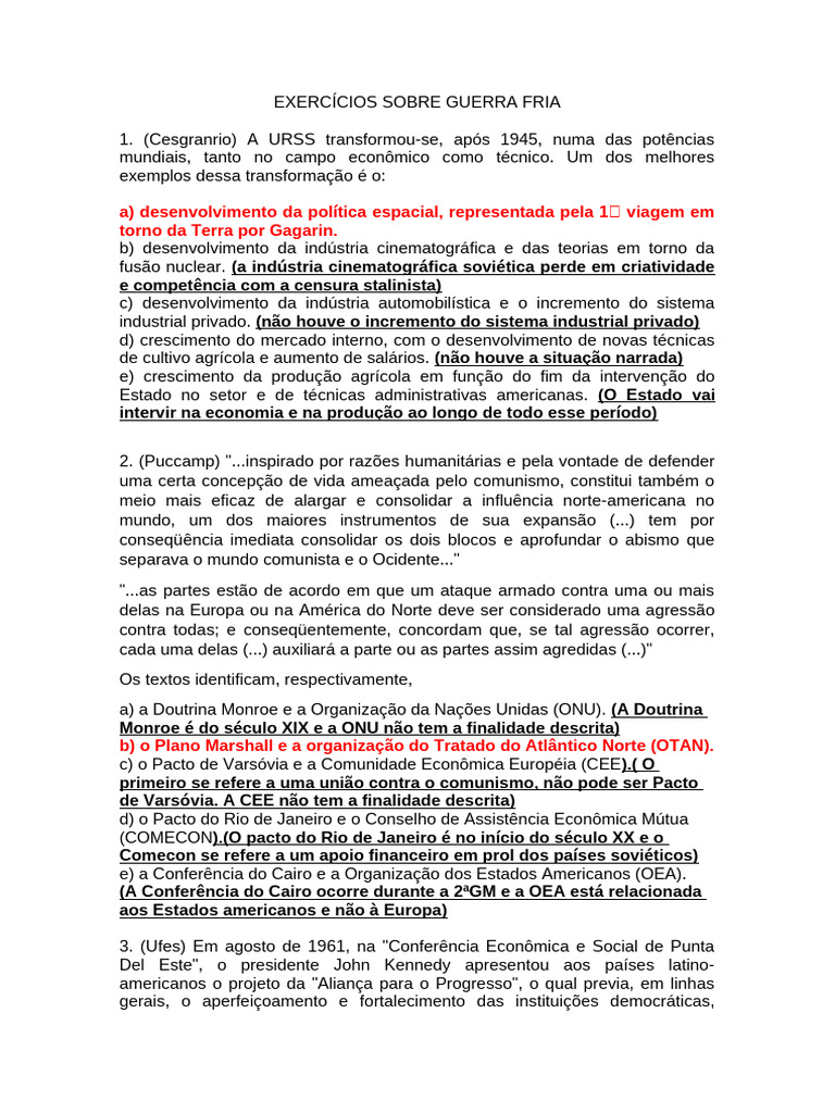 Exercícios Guerra Fria Gabarito | PDF | União Soviética | Política mundial