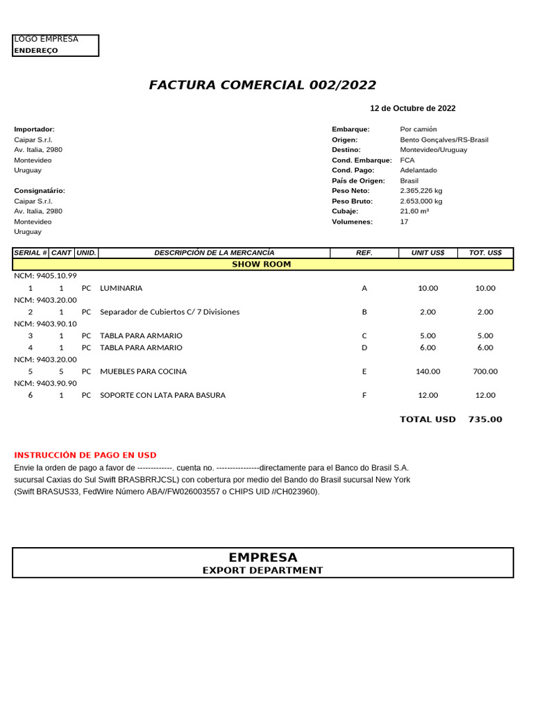 Commercial Invoice e Packing - Modelo para o Trabalho | PDF
