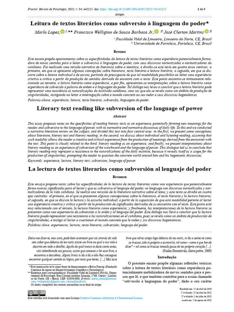 Leitura de Textos Literários Como Subversão À Linguagem Do Poder | PDF ...