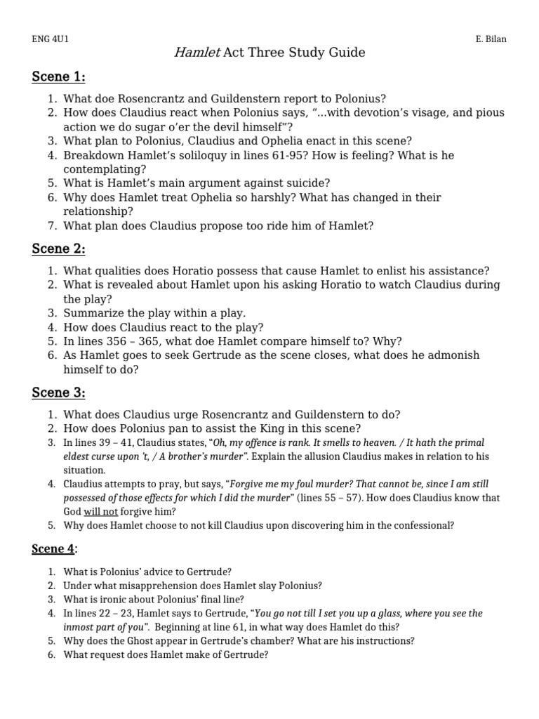 Hamlet Act Three Study Guide | PDF