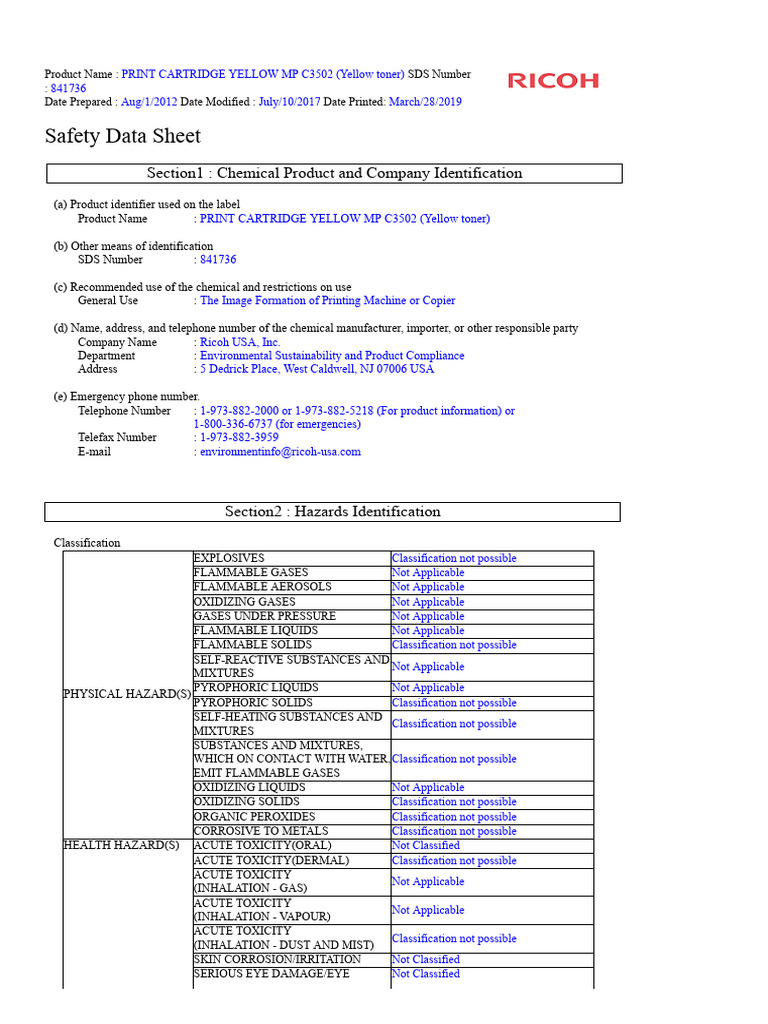 SDS - PRINT CARTRIDGE YELLOW MP C3502 (Yellow Toner) | PDF | Toxicity ...
