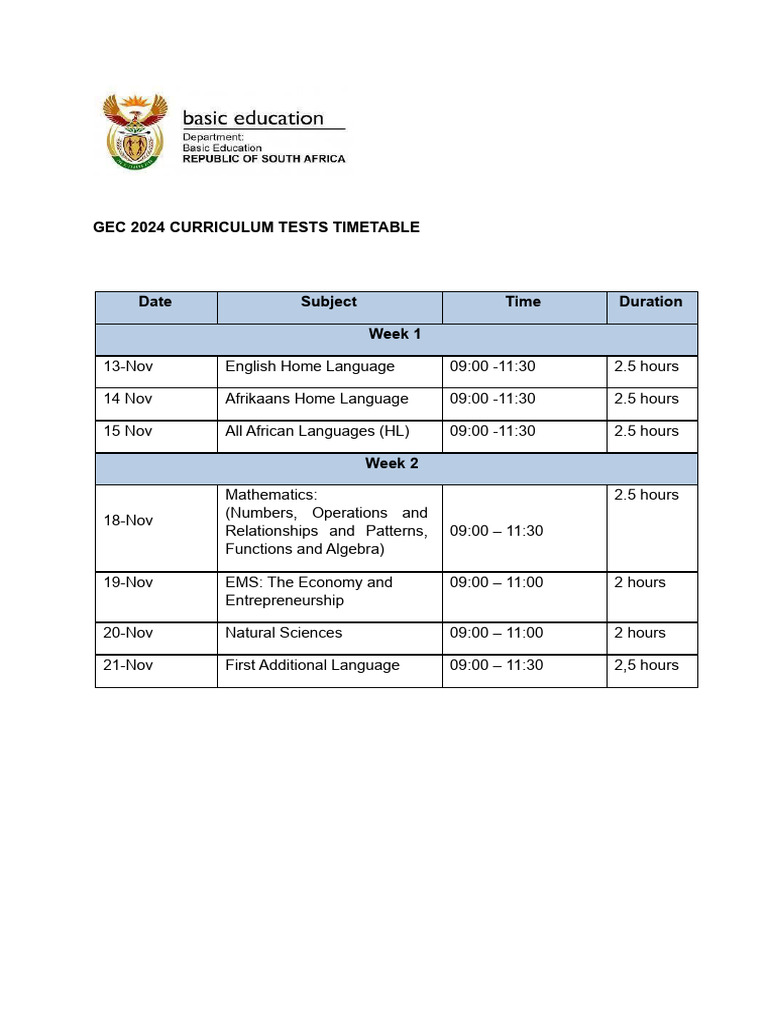 Annexure A-GEC 2024 CURRICULUM TESTS TIMETABLE | PDF