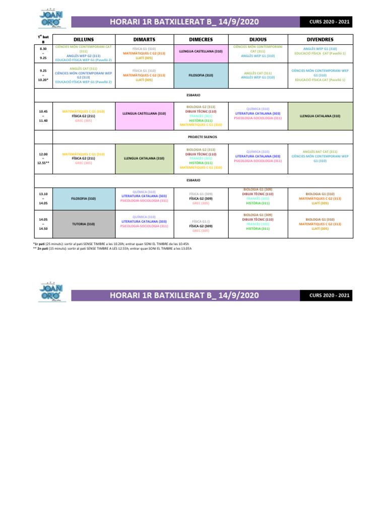 1r - BAT - B - Horari Alumnat - 14 - 9 - 2020 | PDF